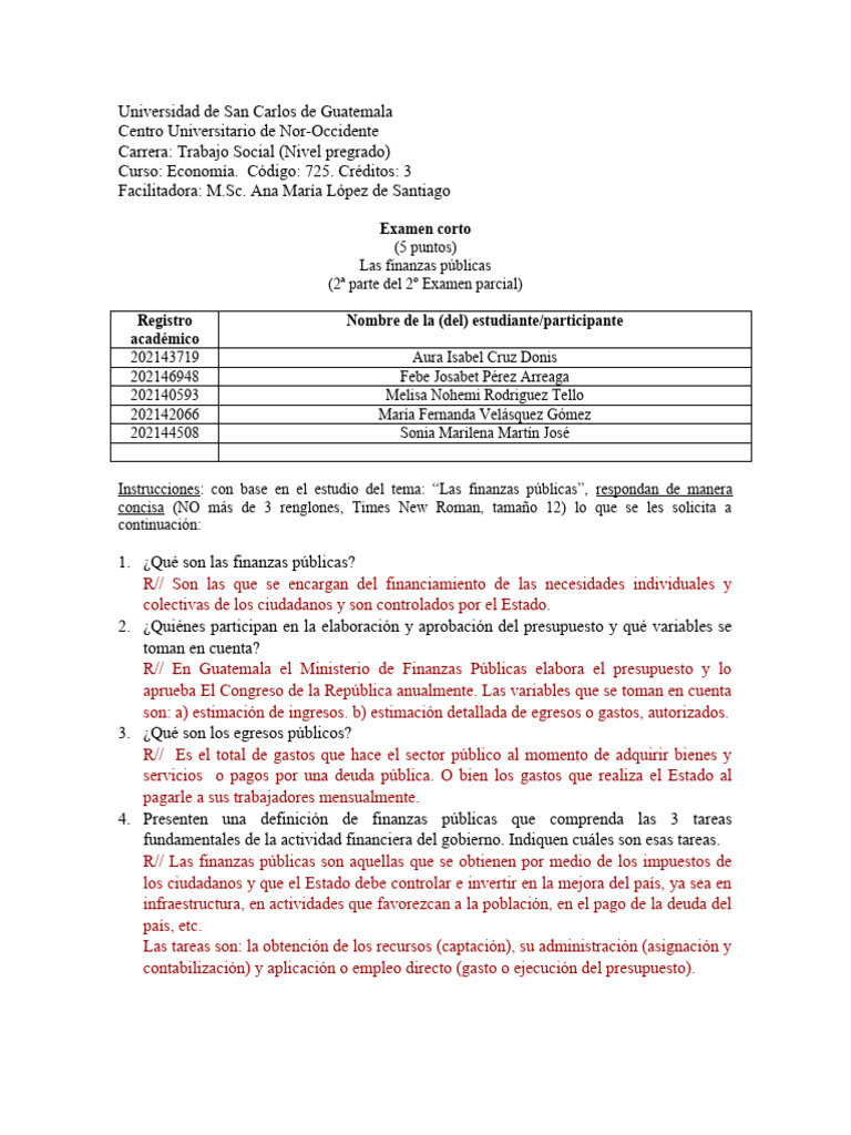 Examen Corto. Las Finanzas Públicas (Parte Del 2o Examen Parcial) | PDF | Presupuesto | Economias