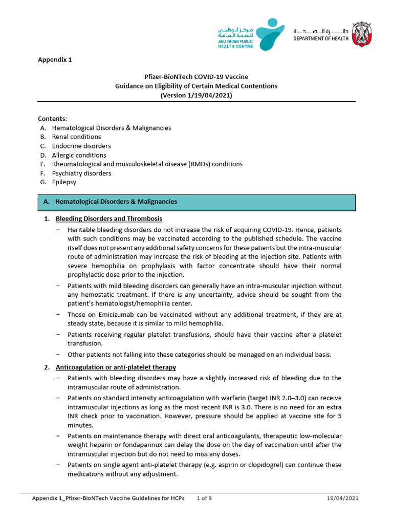 Appendix 1 - Pfizer-BioNTech COVID-19 Vaccine Guidance On Eligibility ...