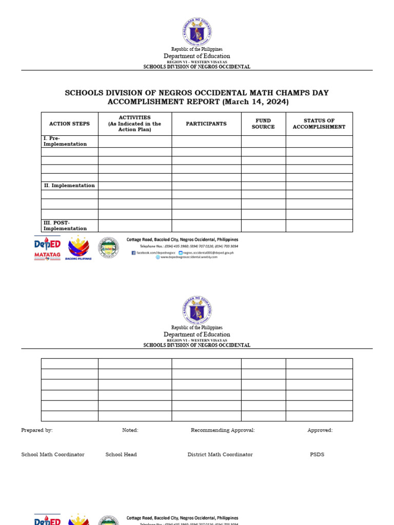 MATH CHAMPS DAY 2024 - SDO - Neg Occ - Accomplishment Report | PDF