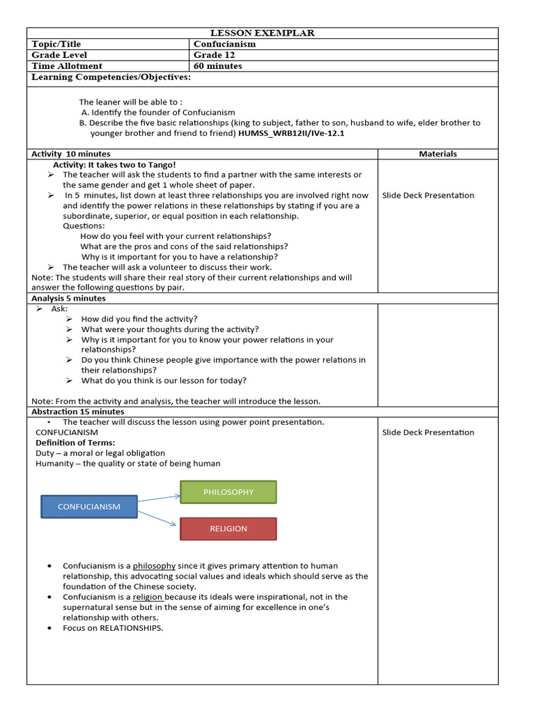 Lesson Exemplar Confucianism 2 21 2020 | PDF | Confucianism | Confucius Lesson Exemplar Confucianism 2 21 2020 | PDF | Confucianism | Confucius