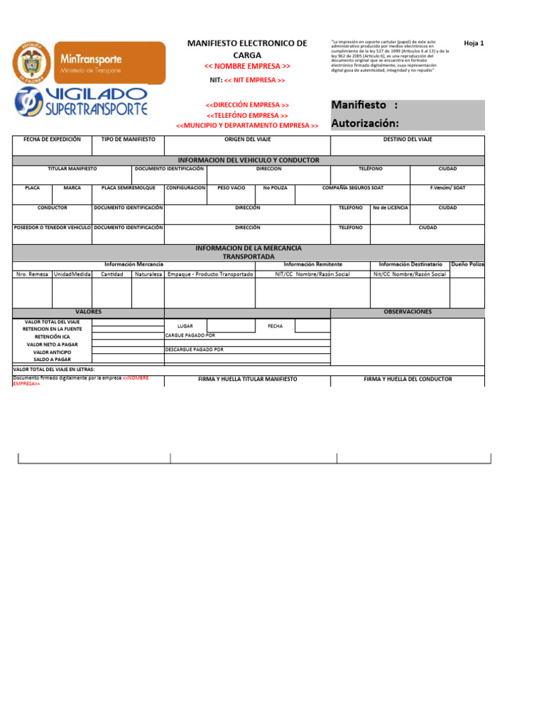 Idoc - Pub - Formato Manifiesto de Carga y Anexoxlsx | PDF