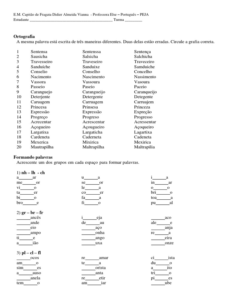 Dificuldades Ortográficas e Formar Palavras Com Dígrafos e Encontros Consonantais | PDF ...
