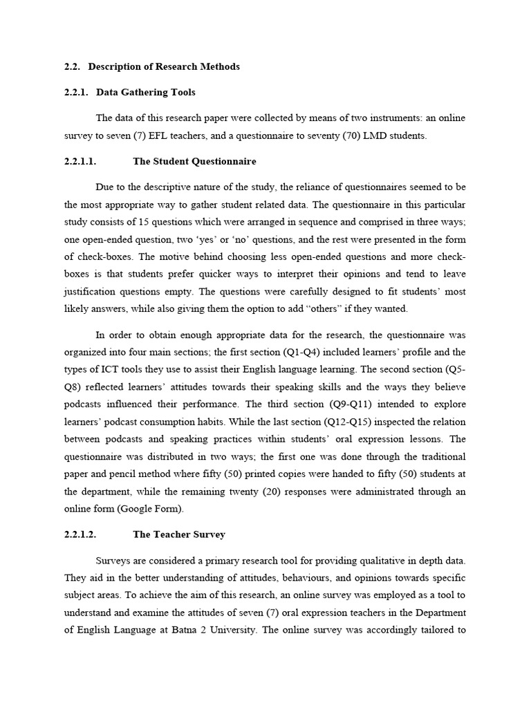 Description of Research Methods (Draft) | PDF | Questionnaire | Teachers