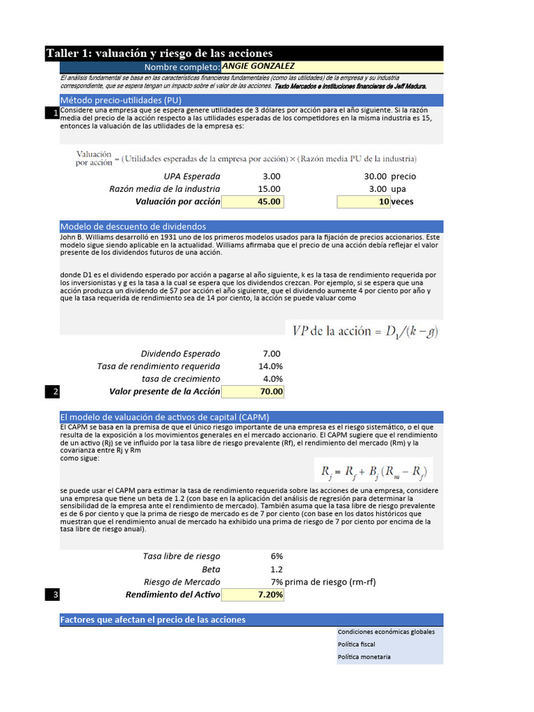 Taller 1 Valuación y Riesgo de Acciones 2023 (1) A.G | PDF | Compartir (Finanzas) | Desviación ...