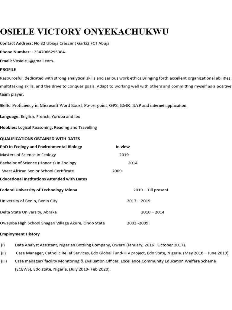 Osiele Victory Resume | PDF | Nigeria | Global Health