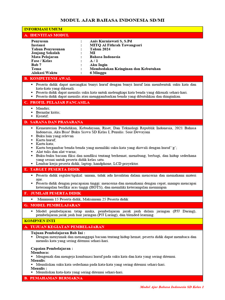 Anis - Modul Ajar Bi Bab 7 - Kelas 1 - 2023-2024 | PDF