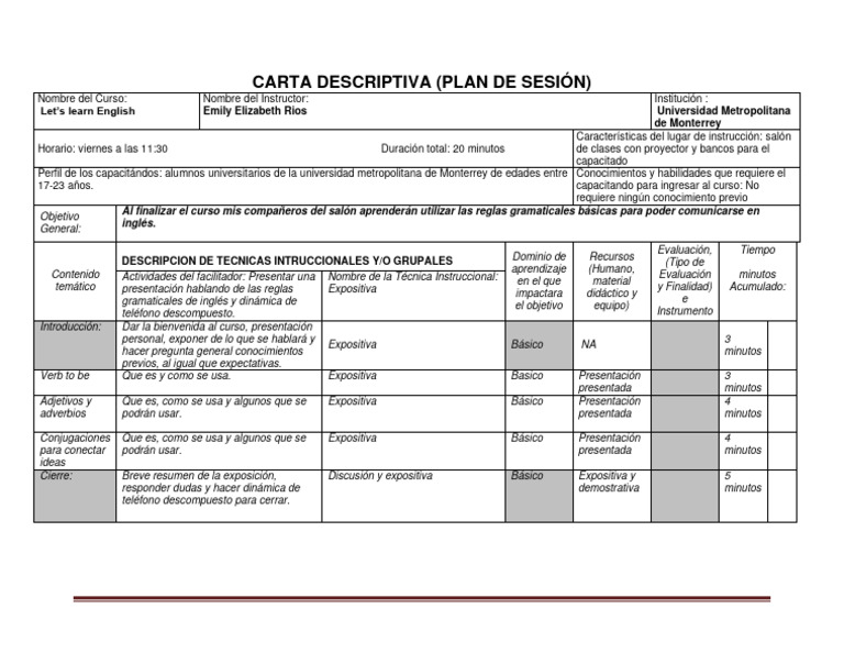 Carta Descriptiva | PDF | Evaluación | Comunicación humana