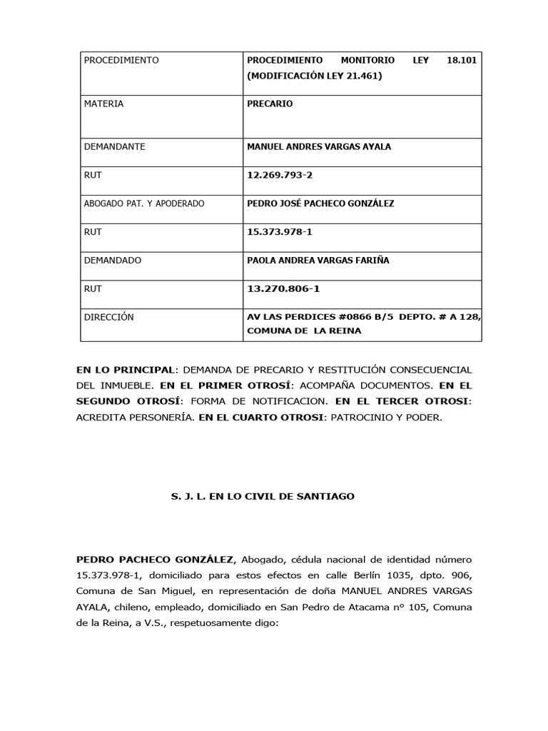 Modelo Precario Monitorio y Restitucion Inmueble | PDF | Propiedad ...