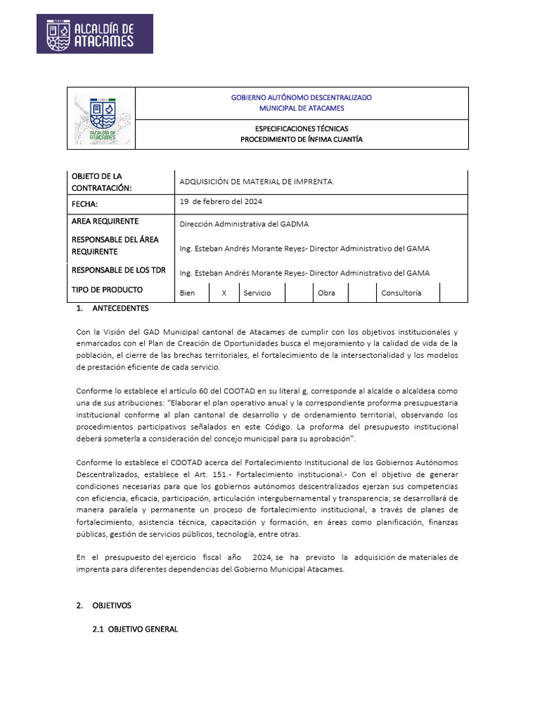 Materiales de Imprenta para GAD Atacames | PDF | Presupuesto | Alcalde