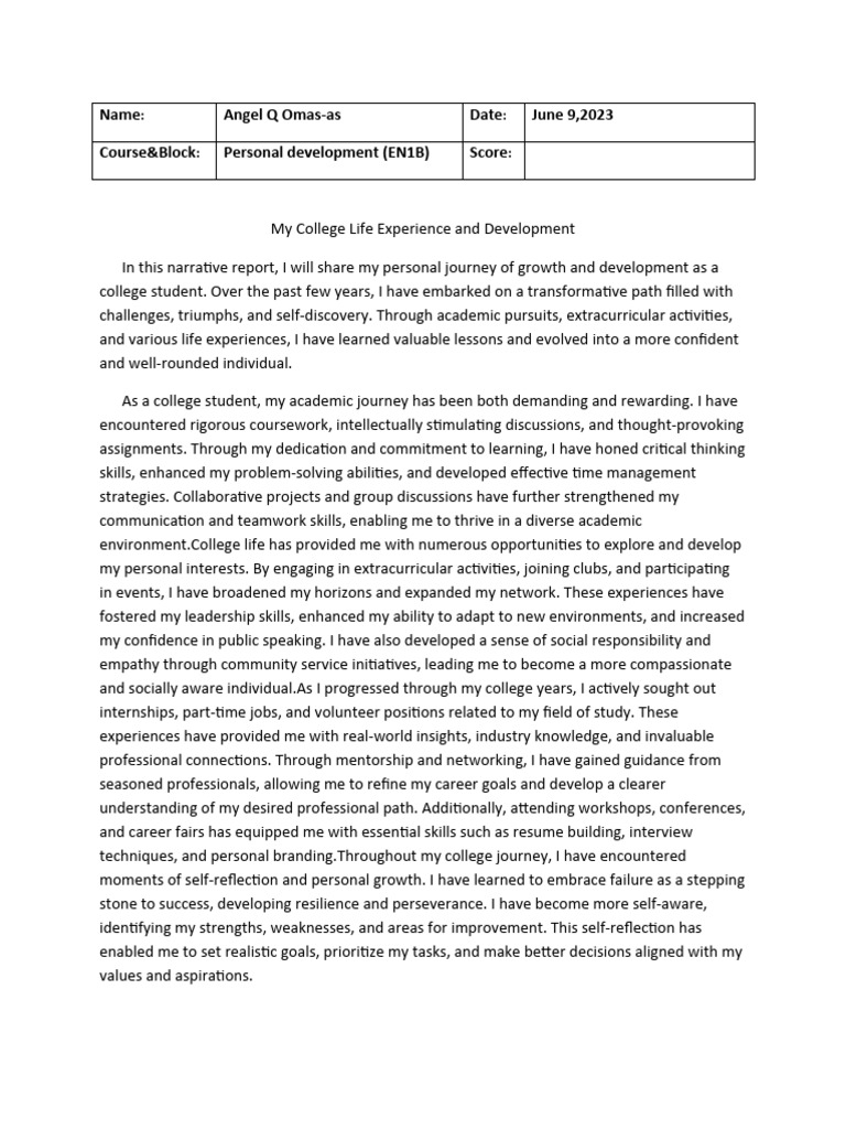 My College Growth Journey | PDF | Social Psychology | Cognition