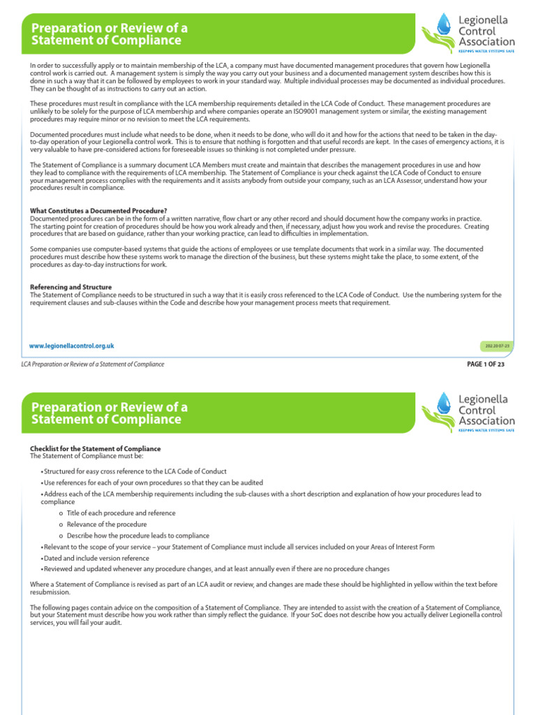 LCA Preparation or Review of A Statement of Compliance 2023 202.20 07 ...