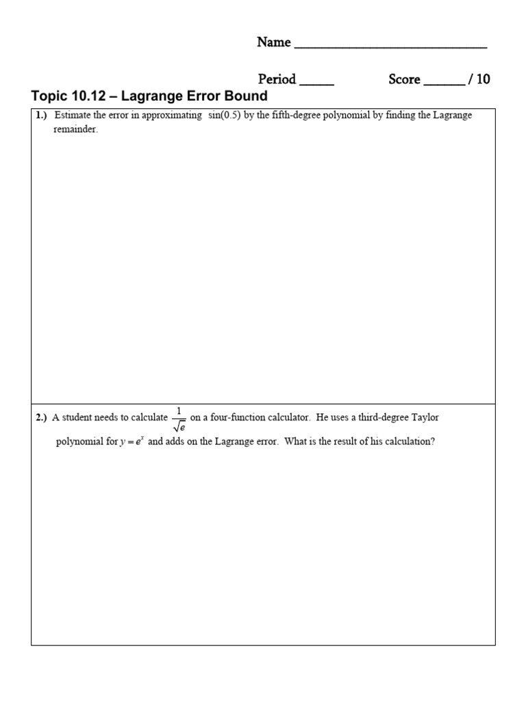 Practice+Topic+10 12+-+Lagrange+Error+Bound | PDF