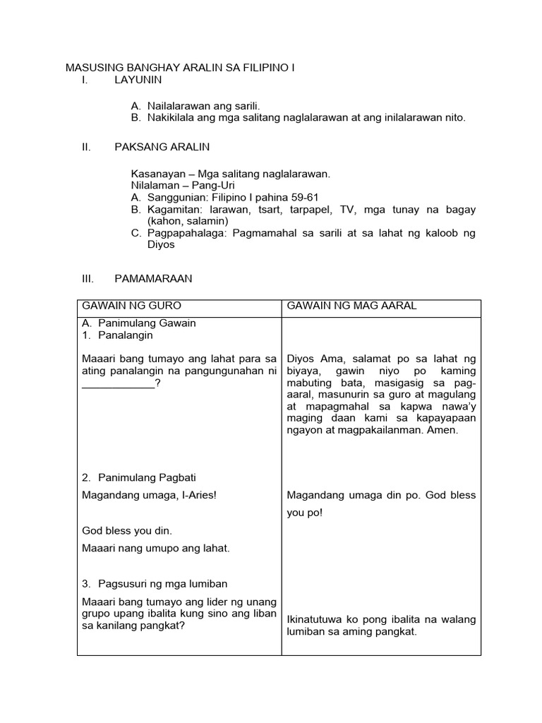 DETAILED LESSON PLAN IN FILIPINO Grade 1 PANG URI | PDF