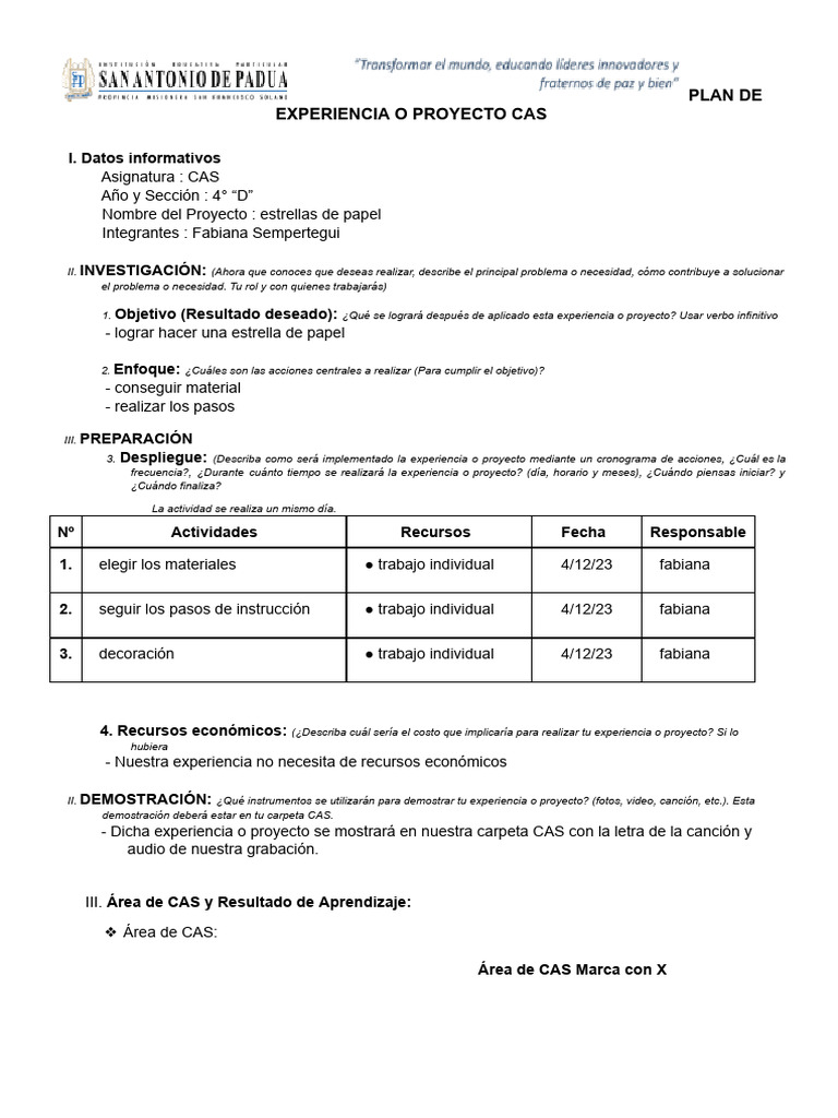Proyecto CAS: Estrellas de Papel | PDF | Experiencia | Aprendizaje