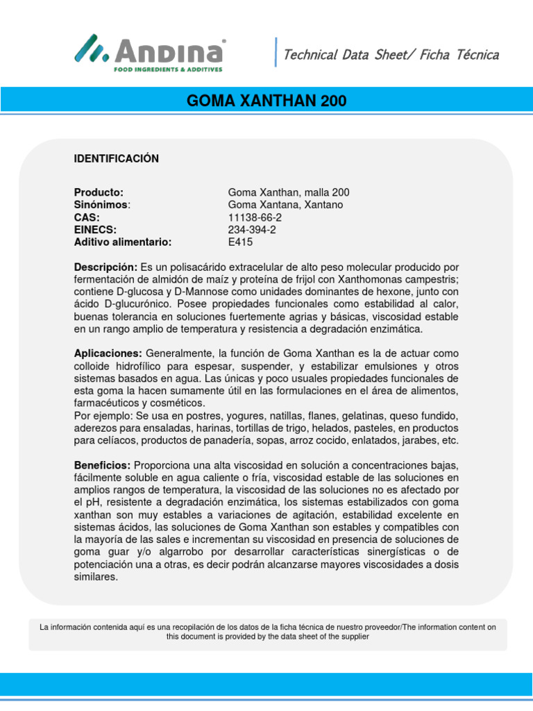 Ficha Técnica GOMA XANTHAN 200 - ANDINA | PDF