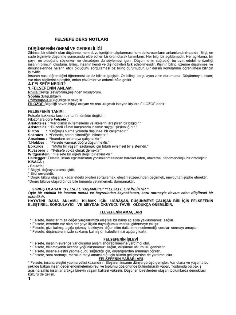 10.sinif Felsefe 1. Donem Ders Notlari | PDF