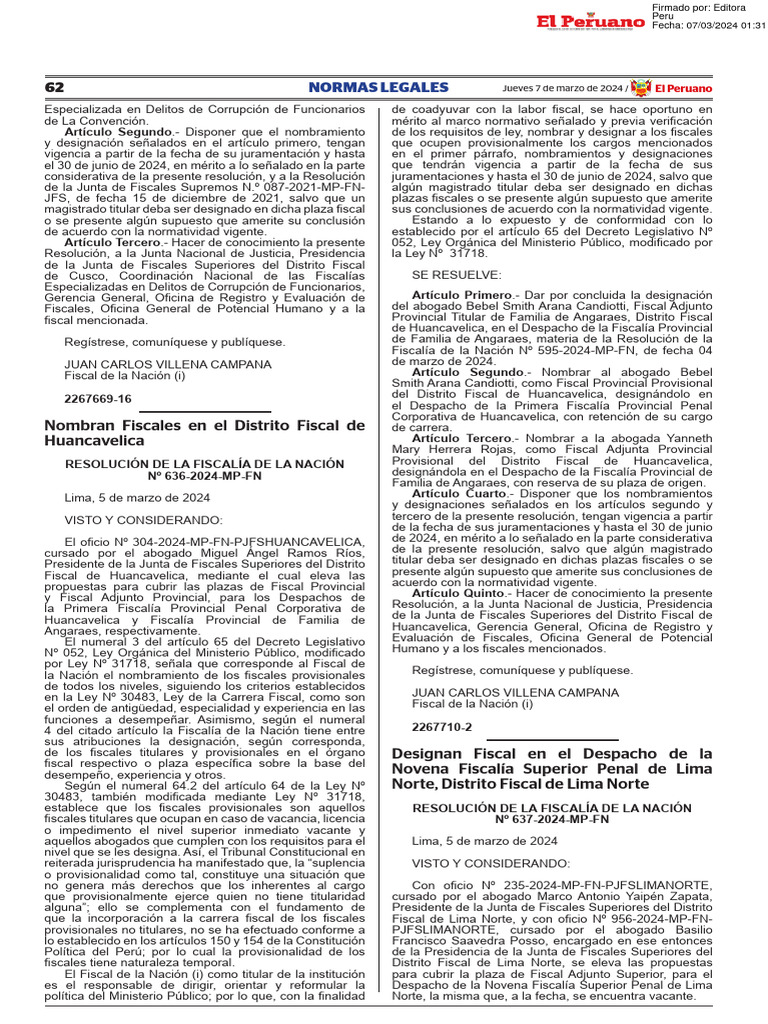 Normas Legales: Nombran Fiscales en El Distrito Fiscal de Huancavelica | PDF | Fiscal | Perú