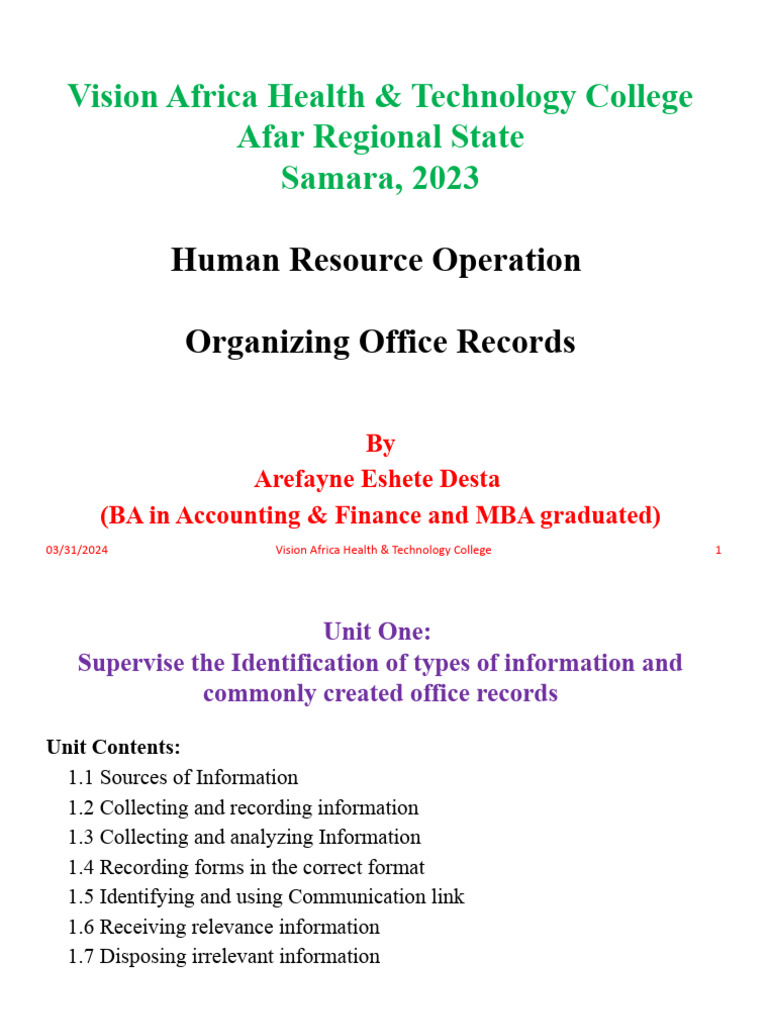 Unit One - Supervise The Identification of Types of Information and ...