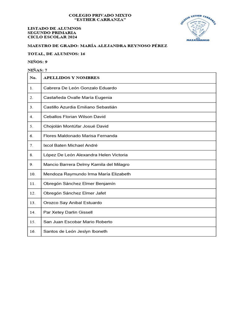 Listado de Alumnos Segundo Primaria 2024 | PDF | Hogar, jardinería y bricolaje