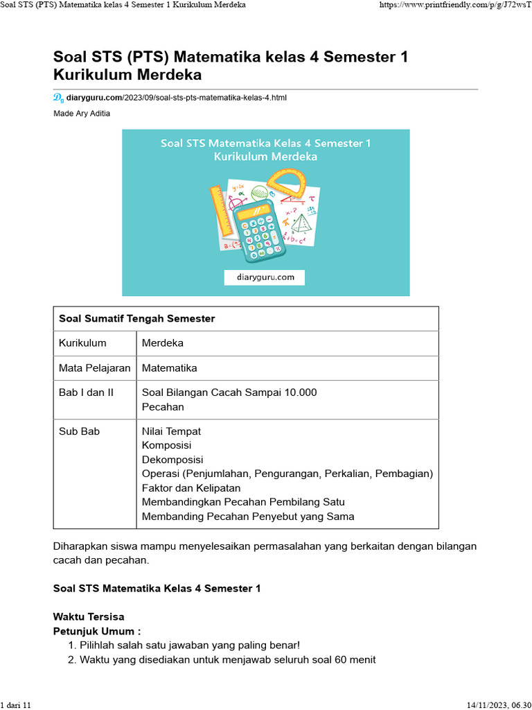 Soal STS (PTS) Matematika Kelas 4 Semester 1 Kurikulum Merdeka | PDF | Metode & Bahan Ajar