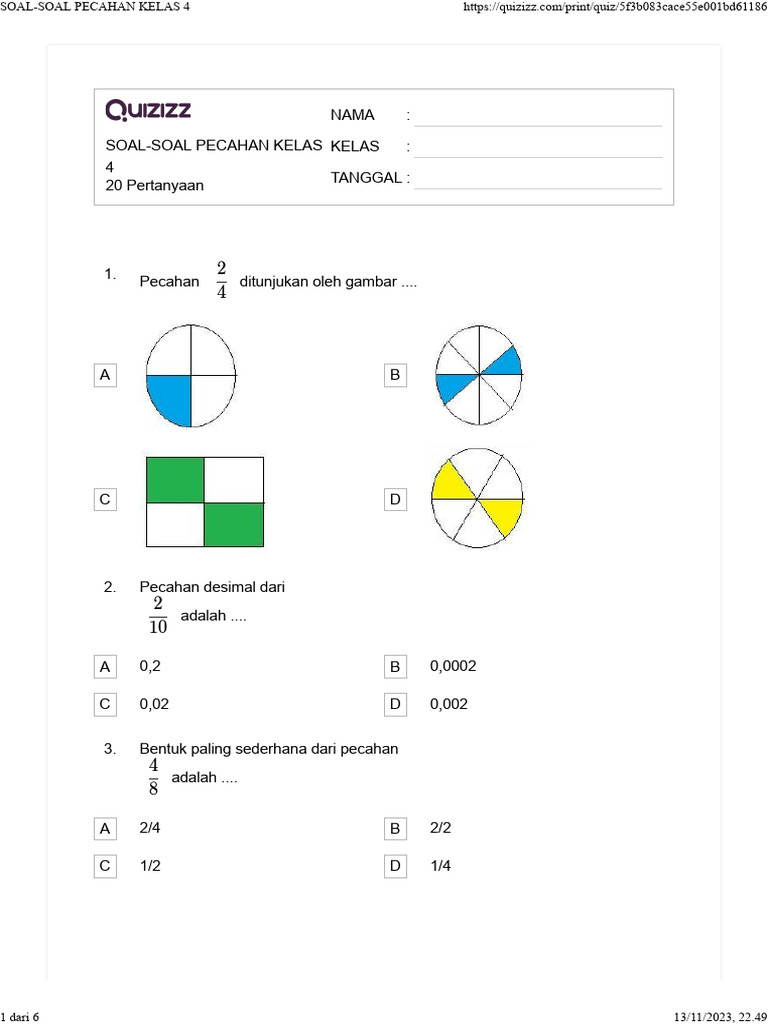 Soal-Soal Pecahan Kelas 4 | PDF