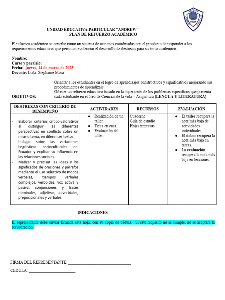 4to Parcial - Plan de Recuperaci-N | PDF | Evaluación