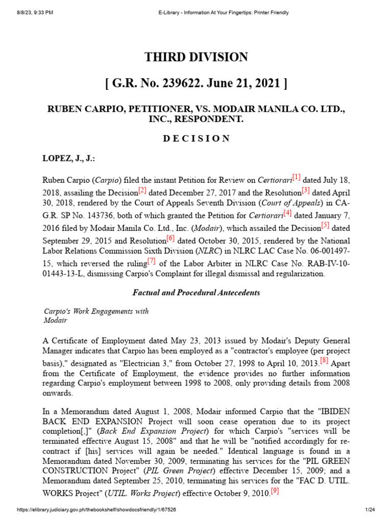 W2.16. Carpio v. Modair Manila Co. Ltd. GR 239622, June 21, 2021 | PDF ...