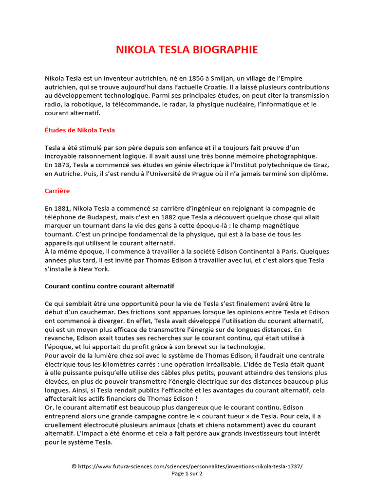 Nikola Tesla Biographie Futura Sciences (2 Pages - 70 Ko) | PDF ...
