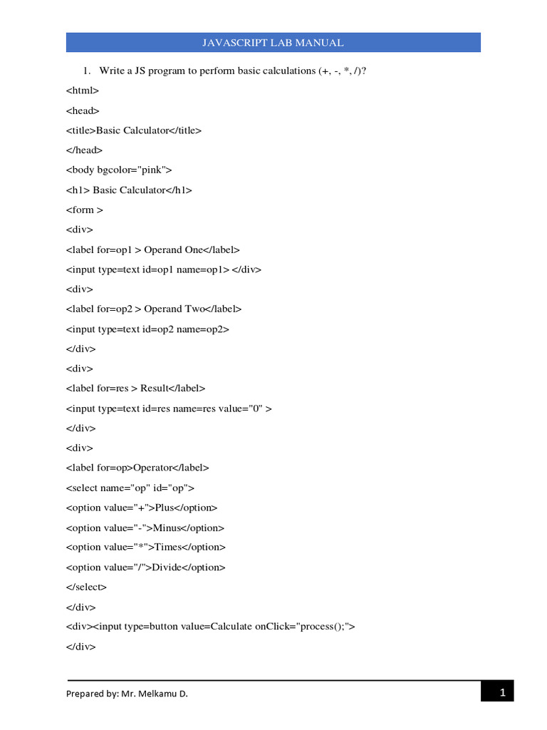 Javascript Lab Manual All in One | PDF | Java Script | Computer Programming Javascript Lab Manual All in One | PDF | Java Script | Computer Programming