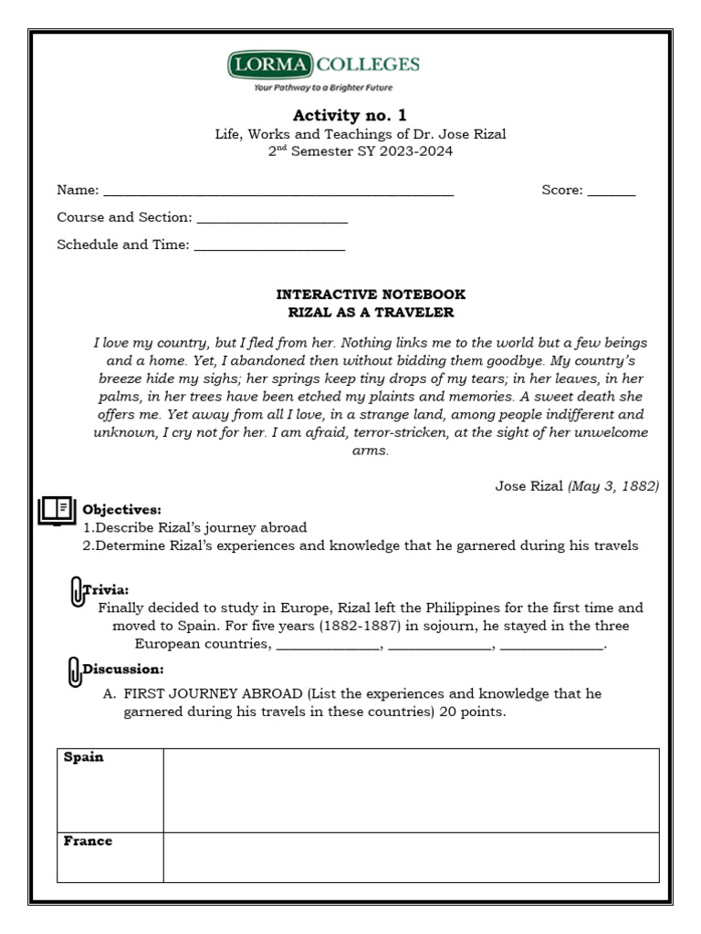 1 Rizal As A Traveler and Professional Interactive Notebook | PDF