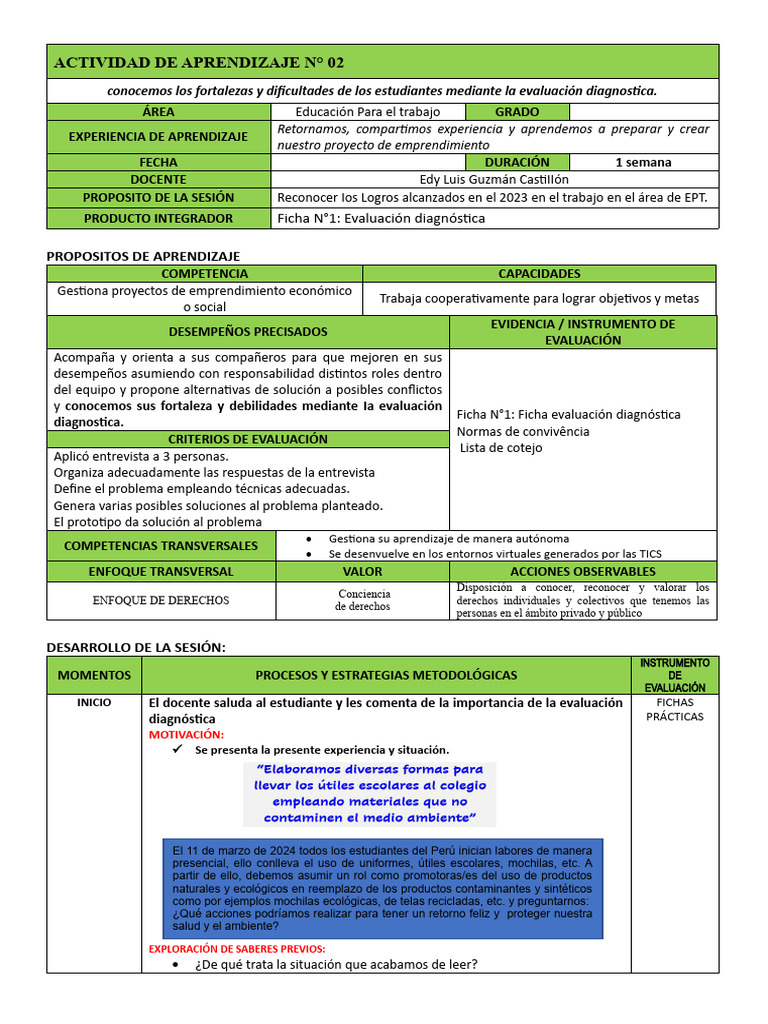 Sesión 2 Evaluación Diagnóstica | PDF | Evaluación | Aprendizaje