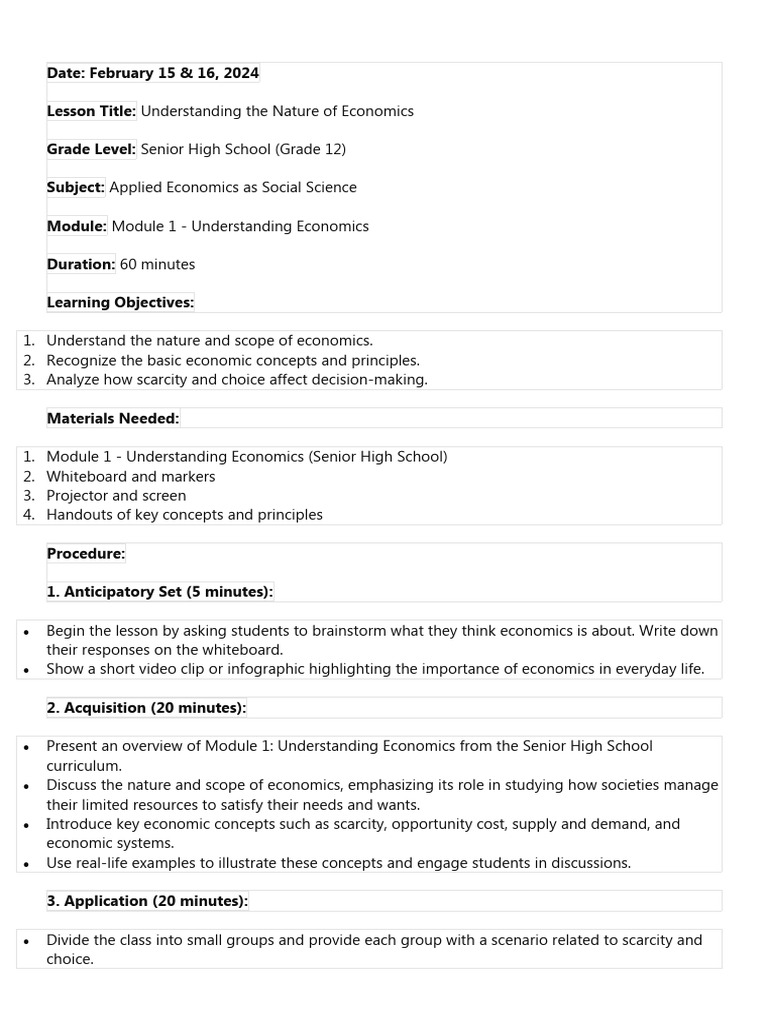 Lesson Plan in Applied Econ | PDF | Economics | Decision Making
