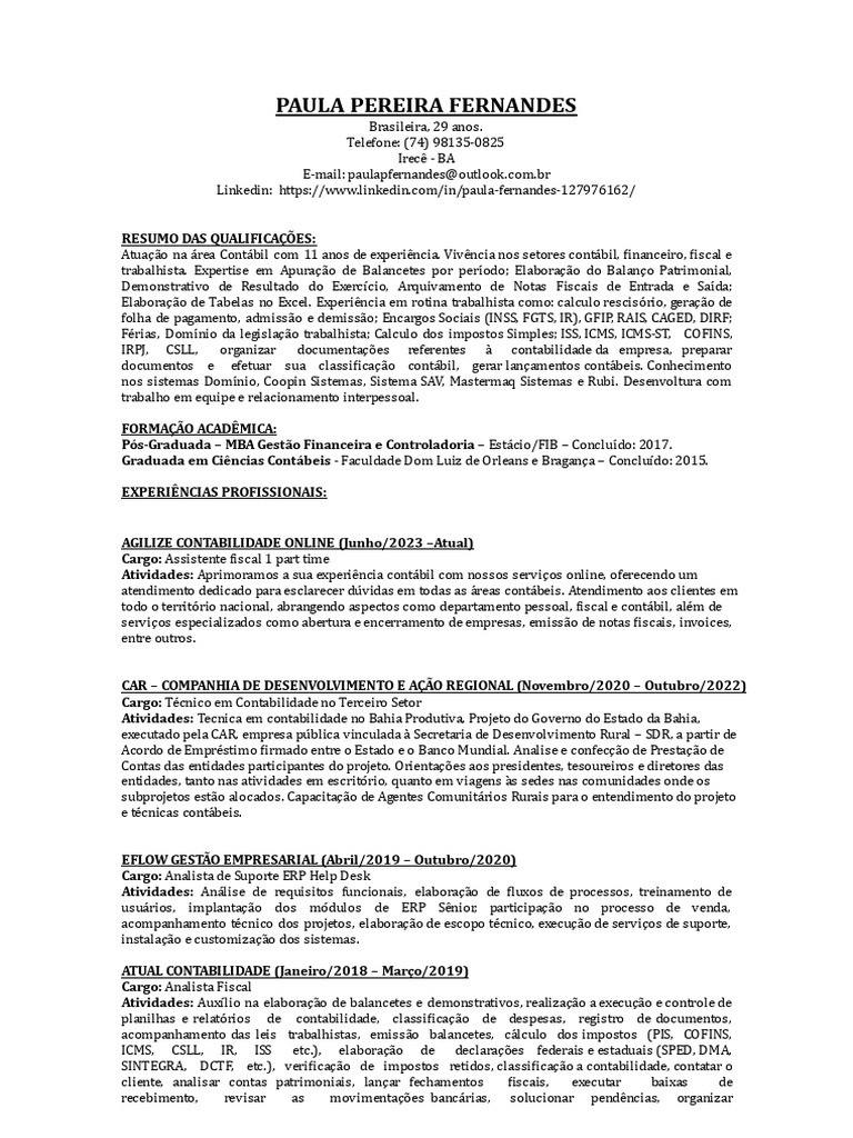 Currículo Paula 2024 | Download grátis PDF | Contabilidade | Business