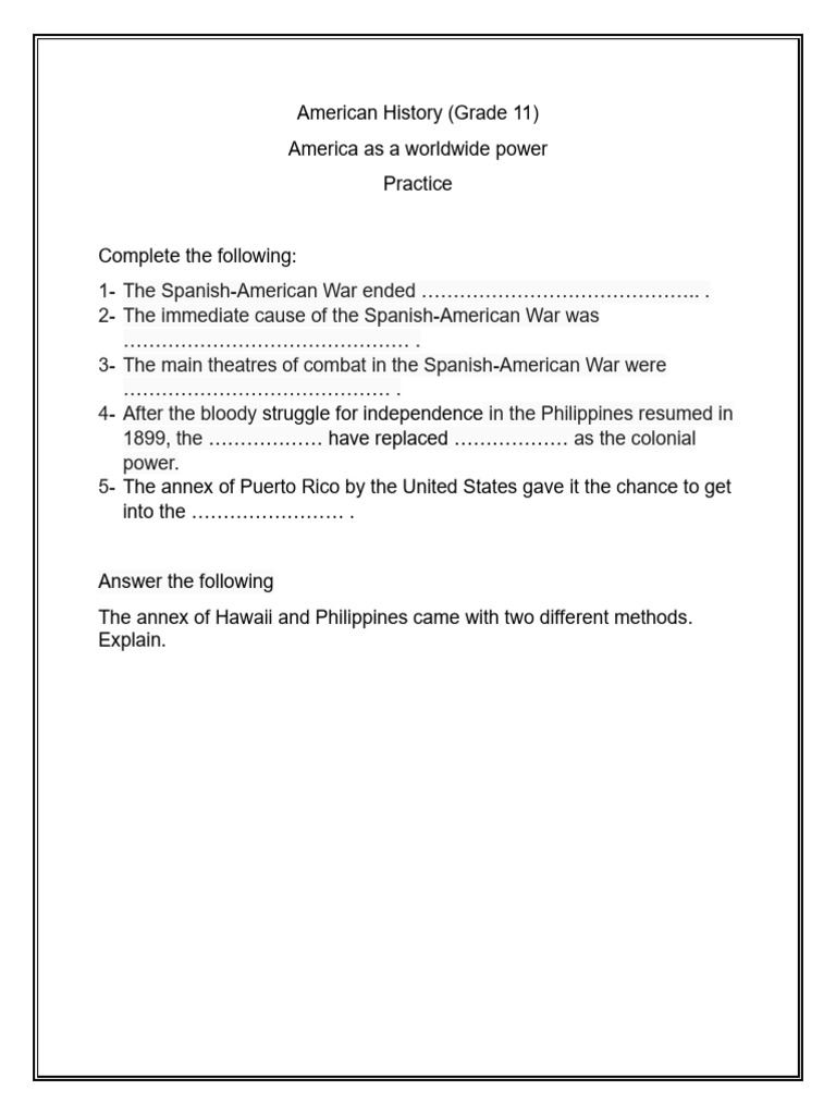 America As A World Wide Power - Practice | PDF