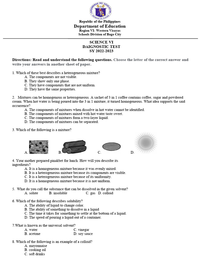 Science 6 Diagnostic-Test SY2022-2023 | PDF | Planets | Mixture