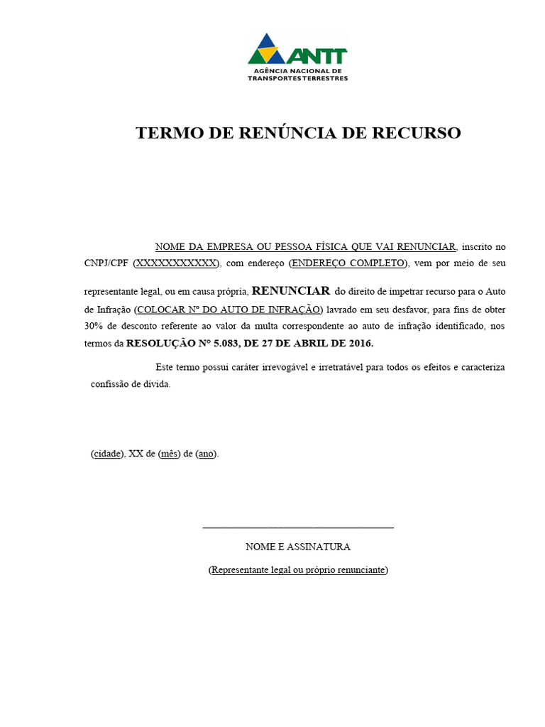Termo de Renúncia de Recurso de Multa | PDF