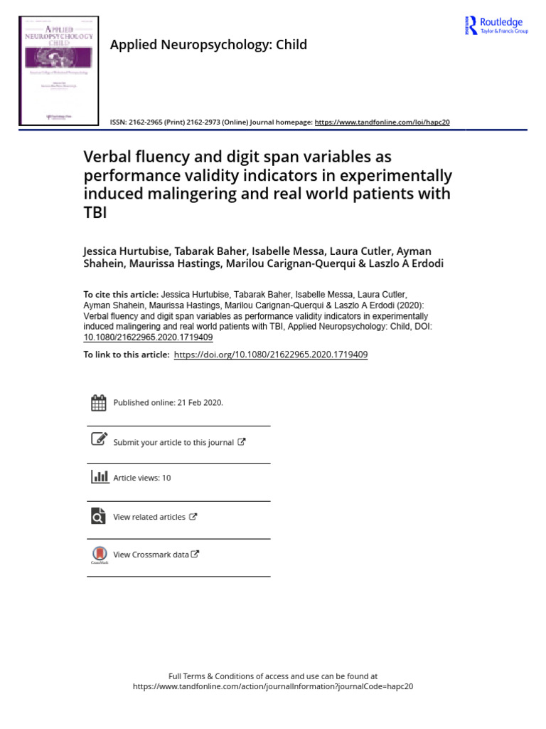 Verbal Fluency and Digit Span Variables As Performance Validity ...