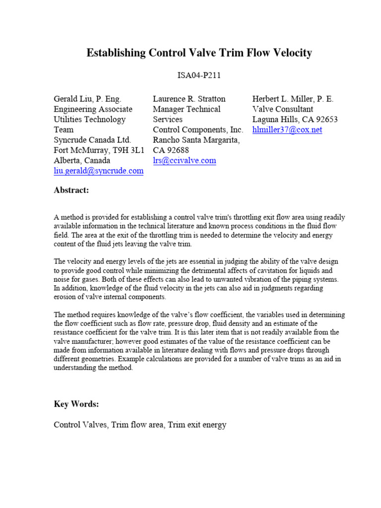 Control Valve Trim Flow Velocity Analysis | PDF | Fluid Dynamics ...