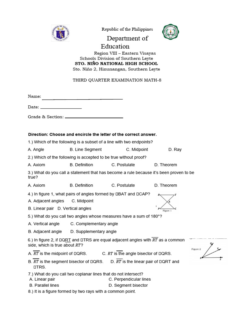 3rd Qtr. Exam | PDF | Perpendicular | Mathematics
