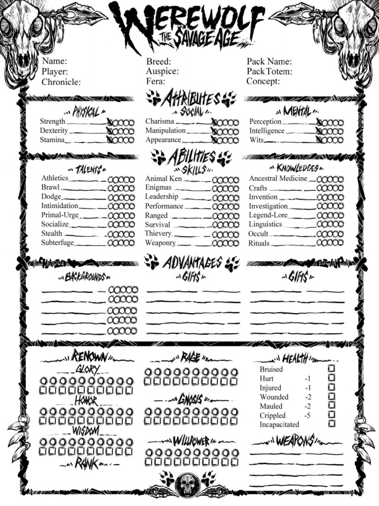 Savage Age Werewolf - Fillable Character Sheet | PDF