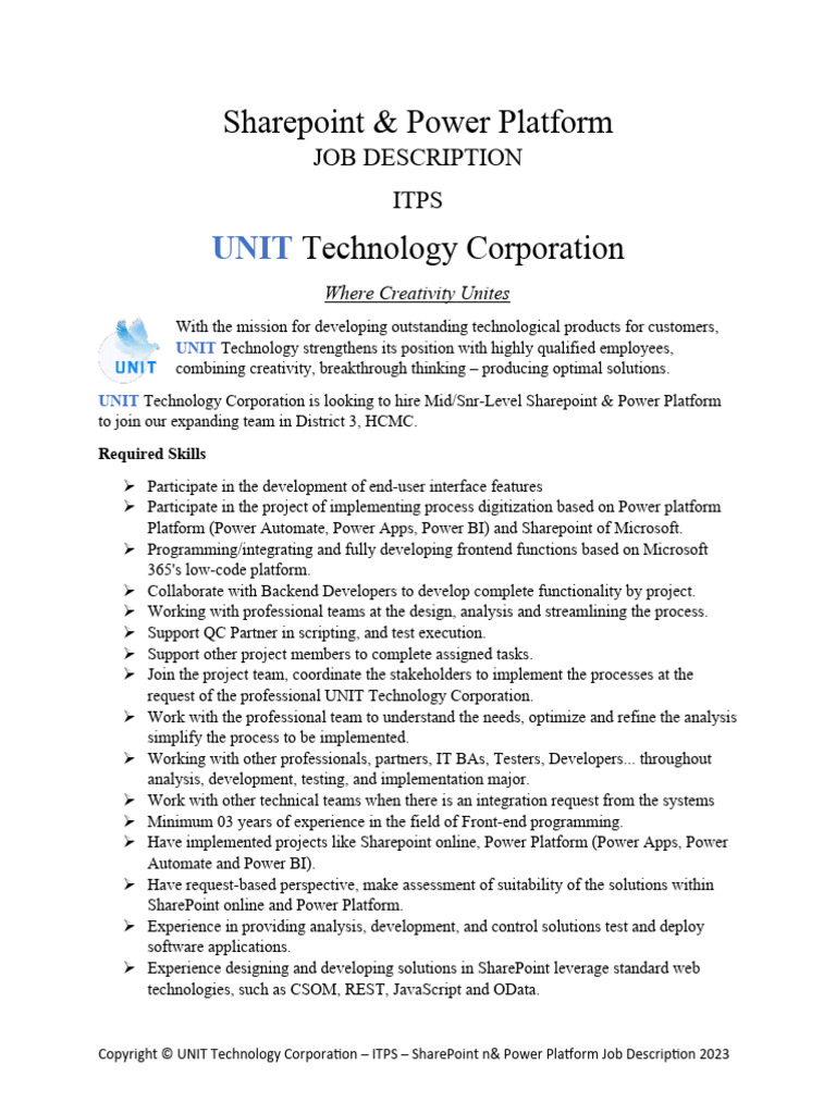 Sharepoint Power Platform Job Description 2023 | PDF