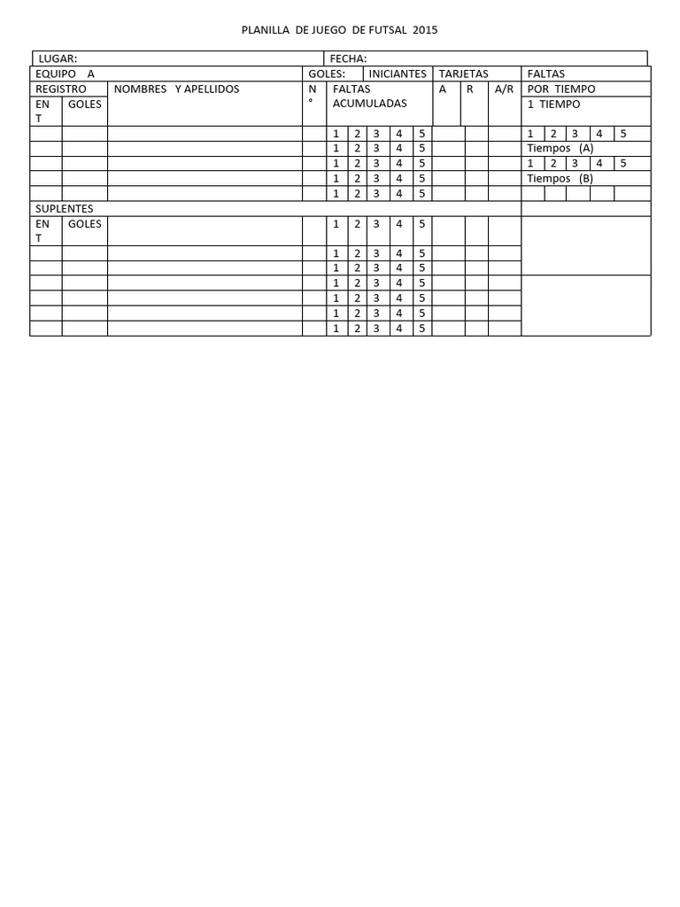 Planilla de Juego de Futsal 2015 | PDF