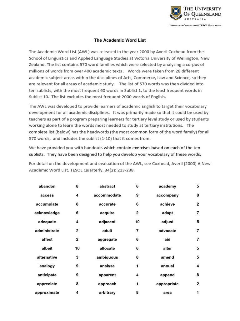 Academic Word List - University of Queensland | PDF | Antimicrobial ...
