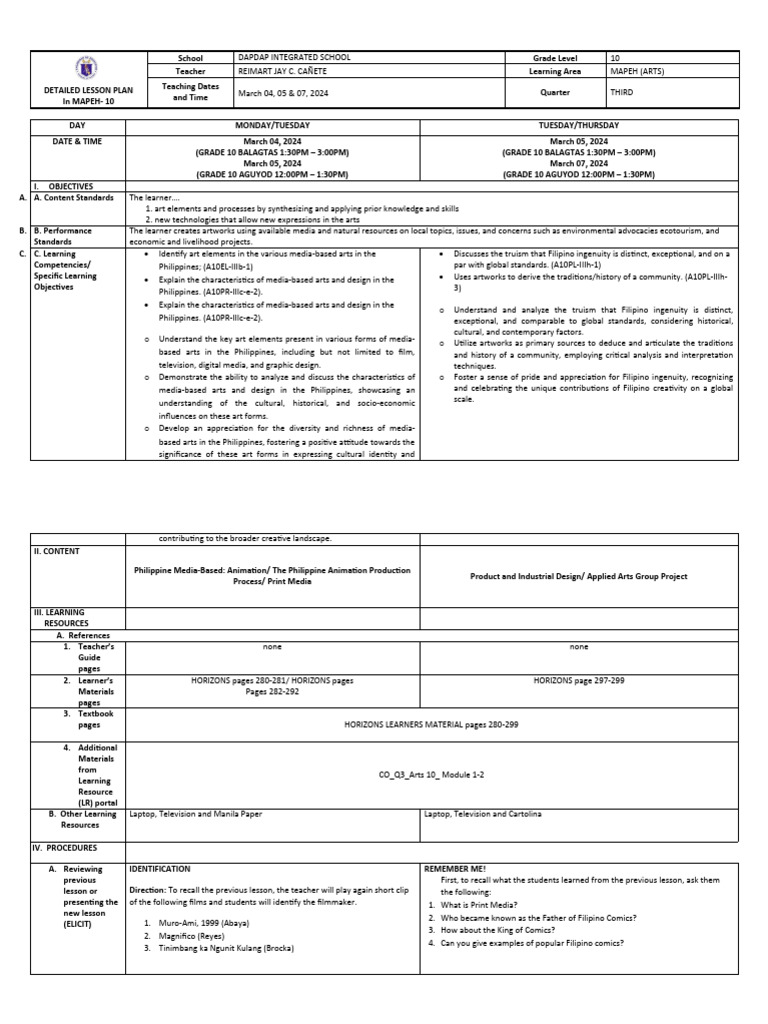 REIMART - DLP For 2nd Week | PDF | Learning | Animation