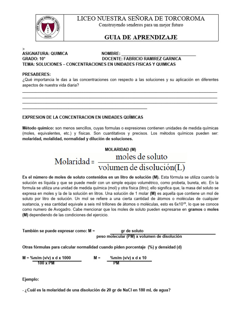 Quimica Guia 1 Soluciones y Concentraciones | PDF | Concentración | Mole (Unidad)