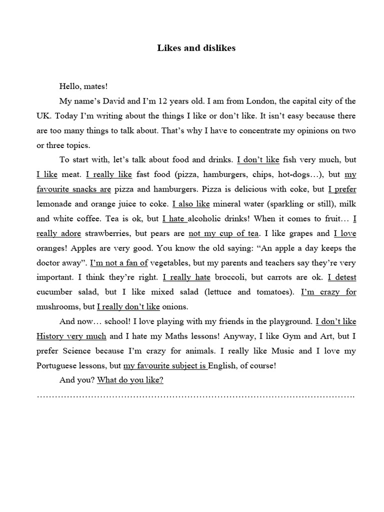 Likes and Dislikes Reading Comprehension Exercises 2636 | PDF