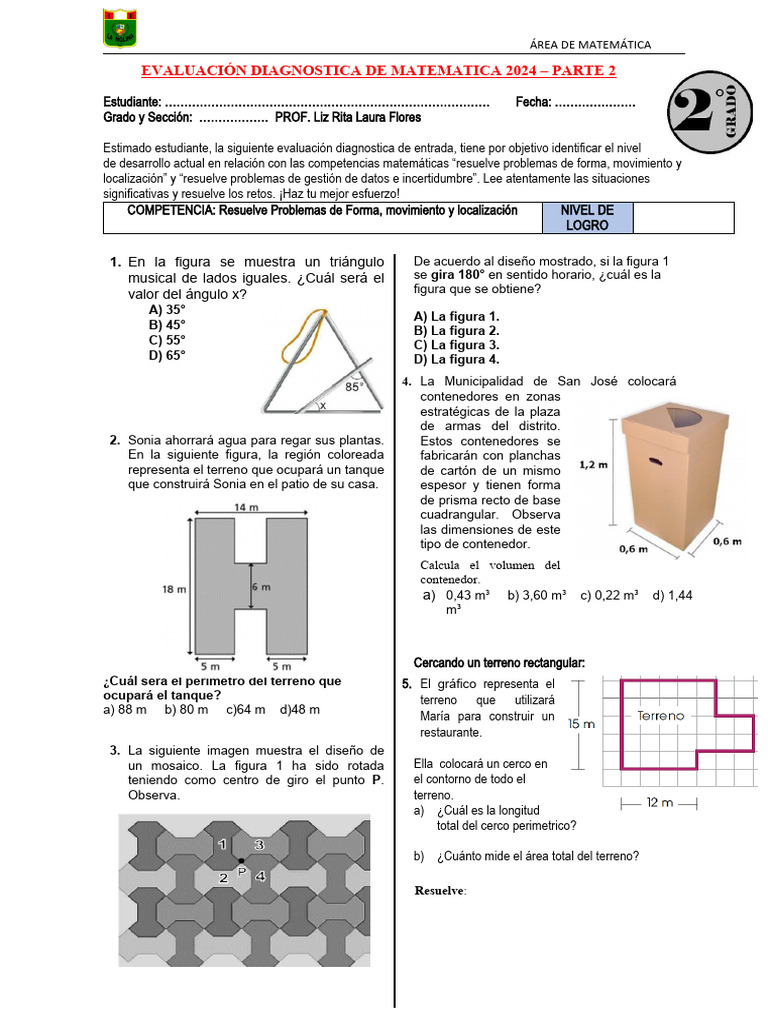 EVALUACIÓN DIAGNOSTICA DE MATEMATICA 2DO Parte 2 | PDF