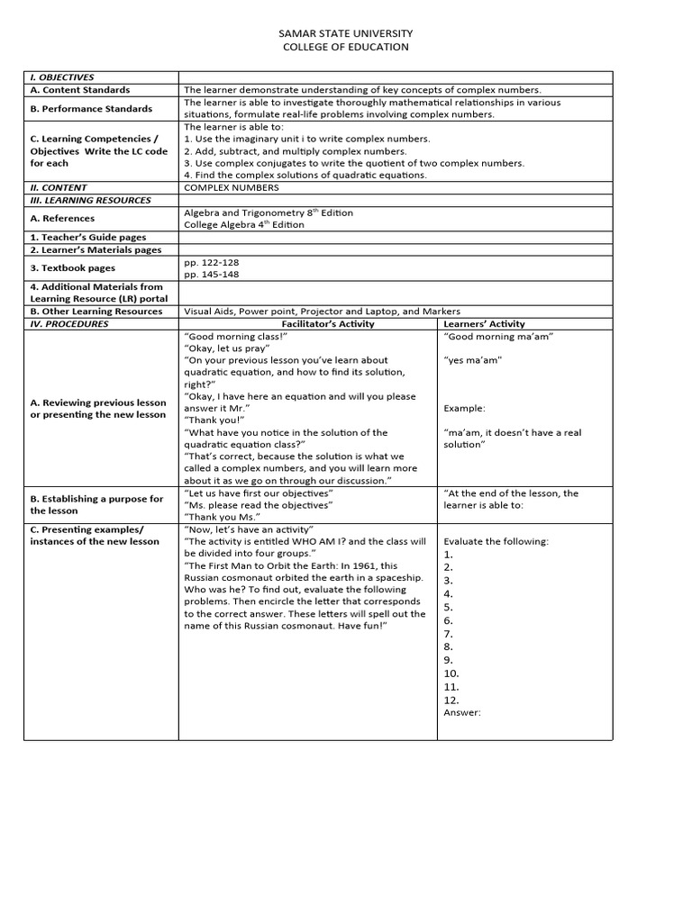 Complex Numbers Lesson Plan | PDF | Complex Number | Quadratic Equation