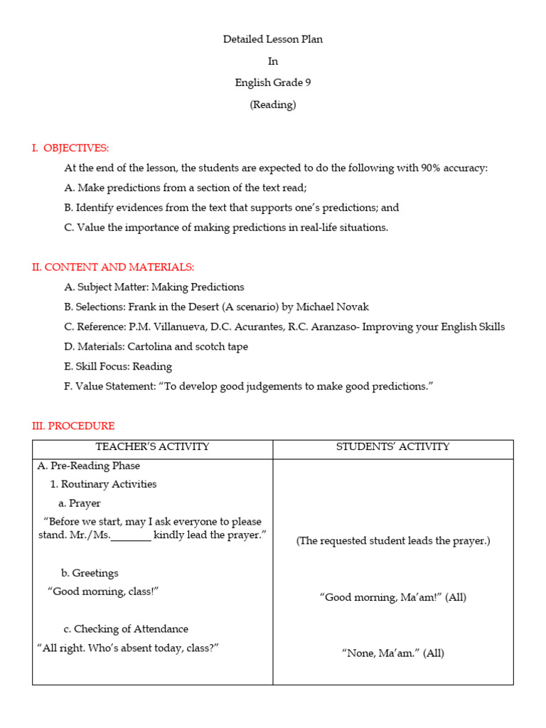 Detailed Lesson Plan (Reading) | PDF | Schema (Psychology) | Lesson Plan