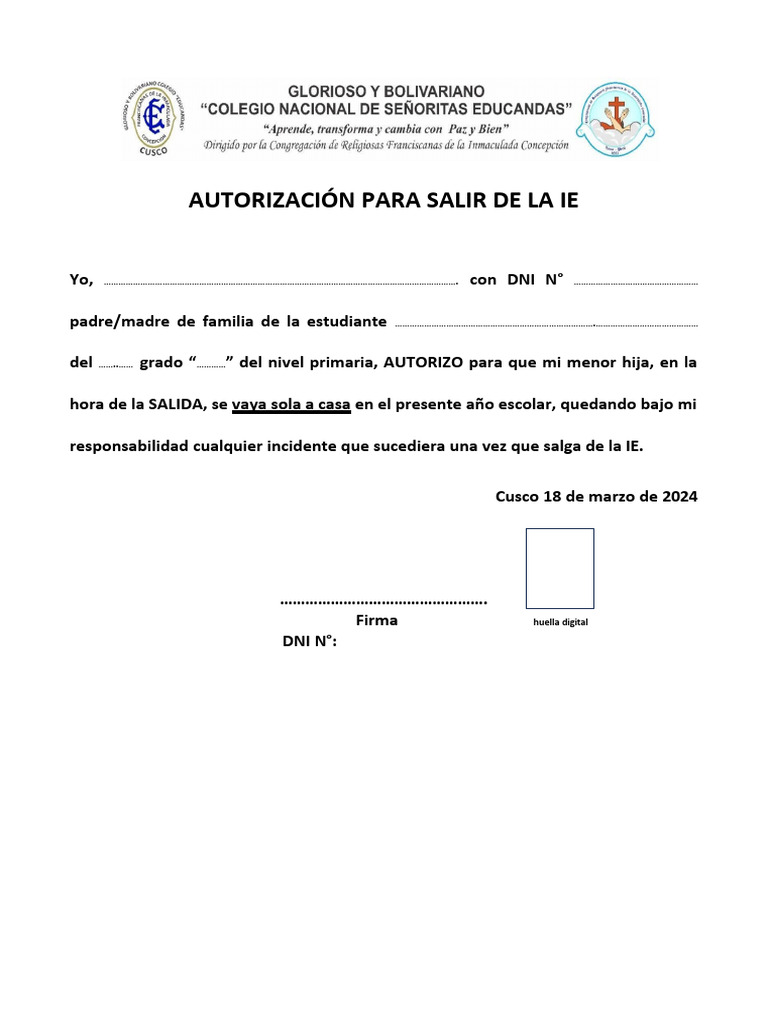 Autorización de Salida Escolar 2024 | PDF